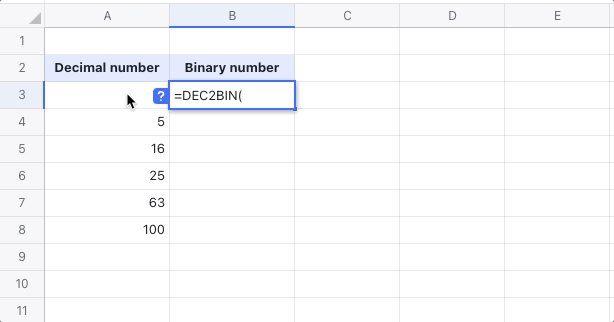 DEC2BIN function for Sheets