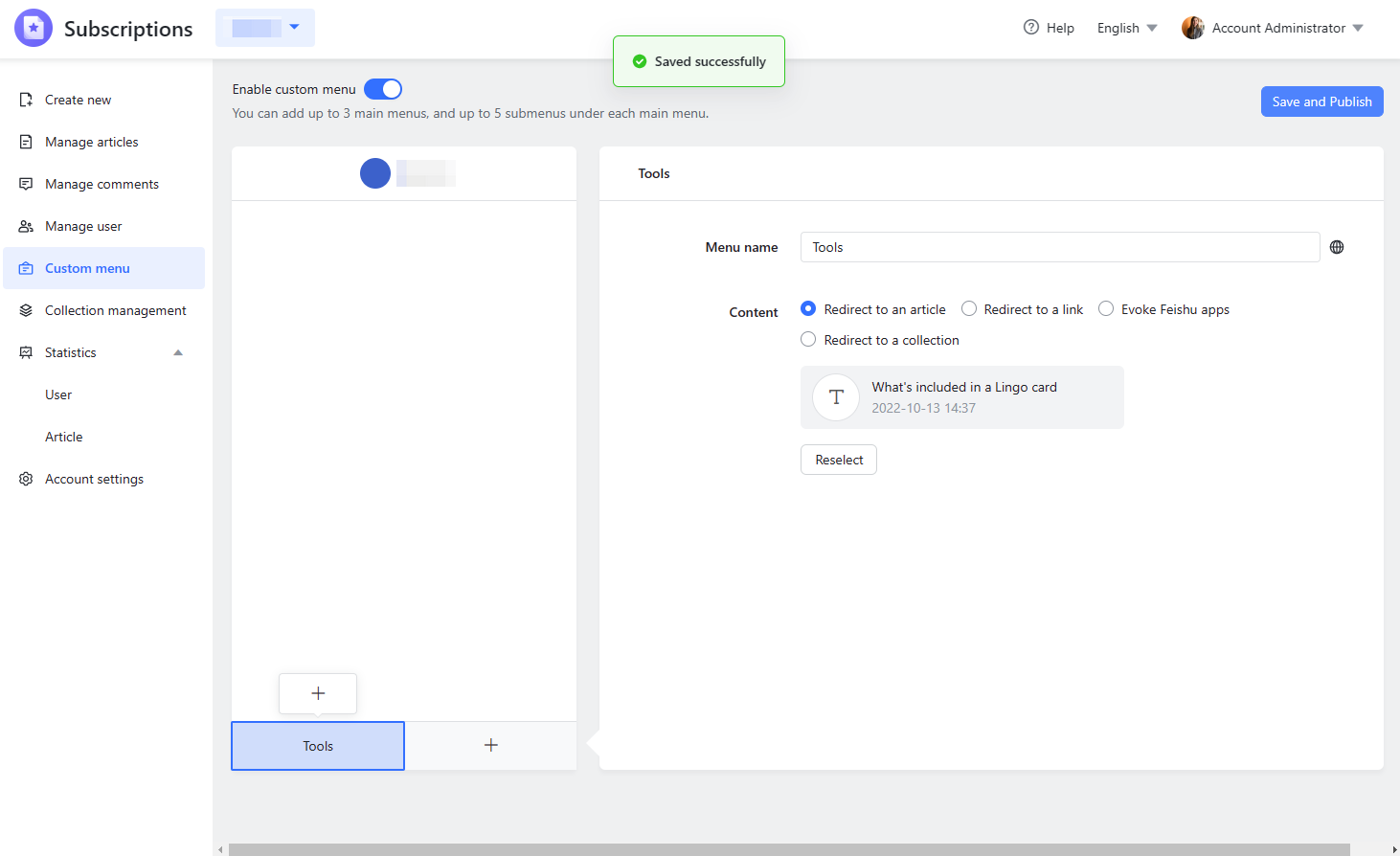 Admin | Set up custom menus on the Subscriptions accounts homepage