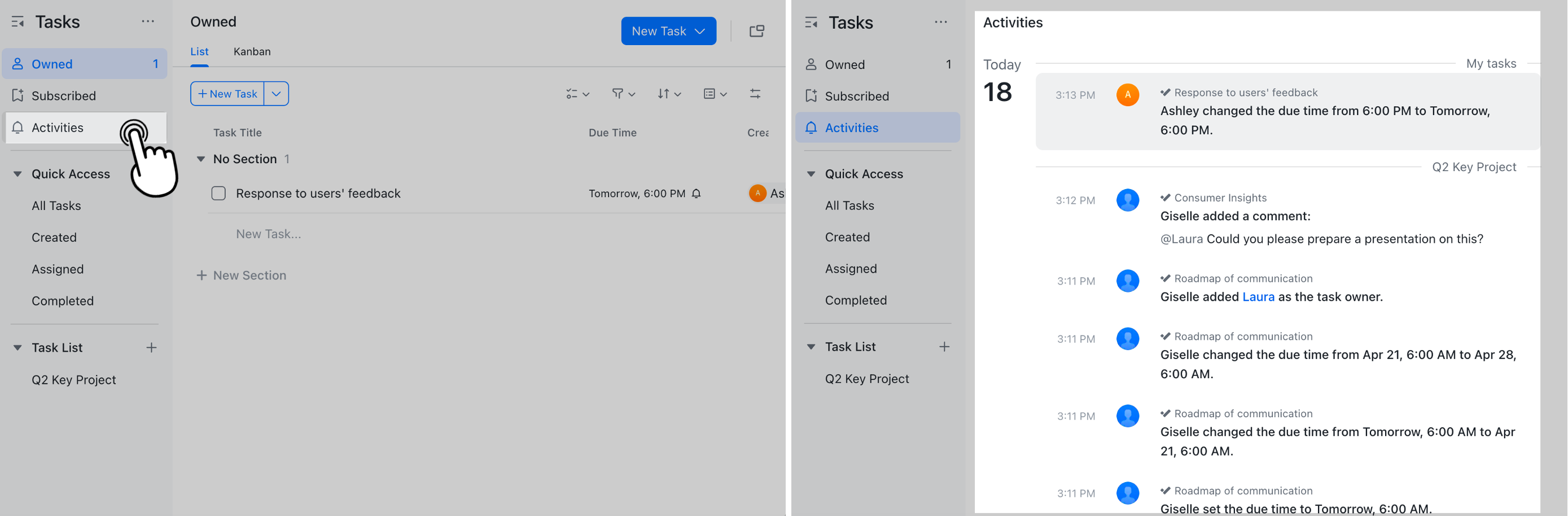 View task activity history