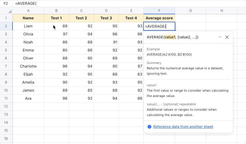 AVERAGE function for Sheets